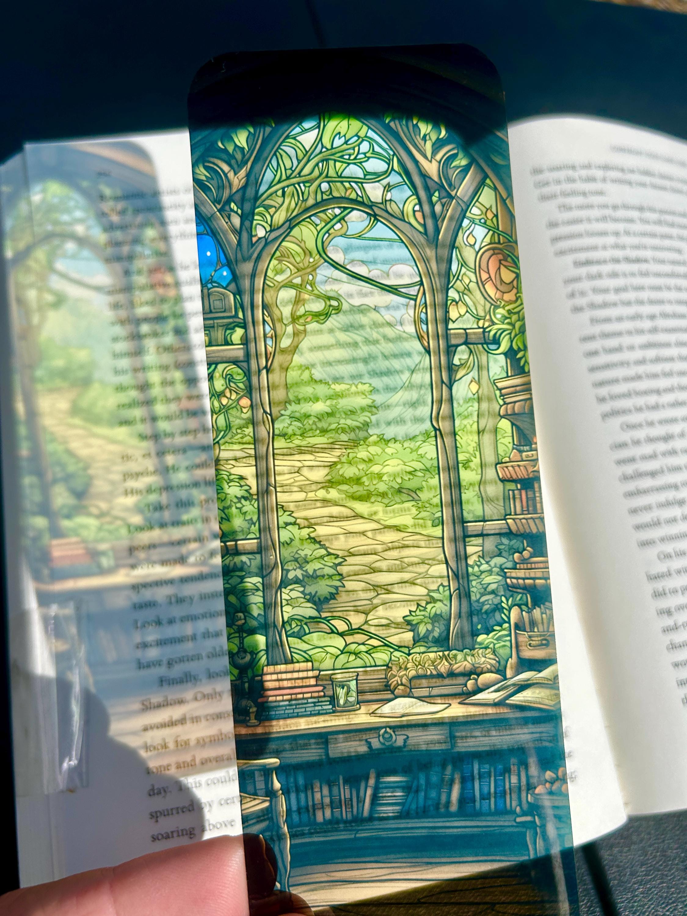 Cozy Hobbit Hole Library Bookmark with Warm Wood Interior and Green Ac ...